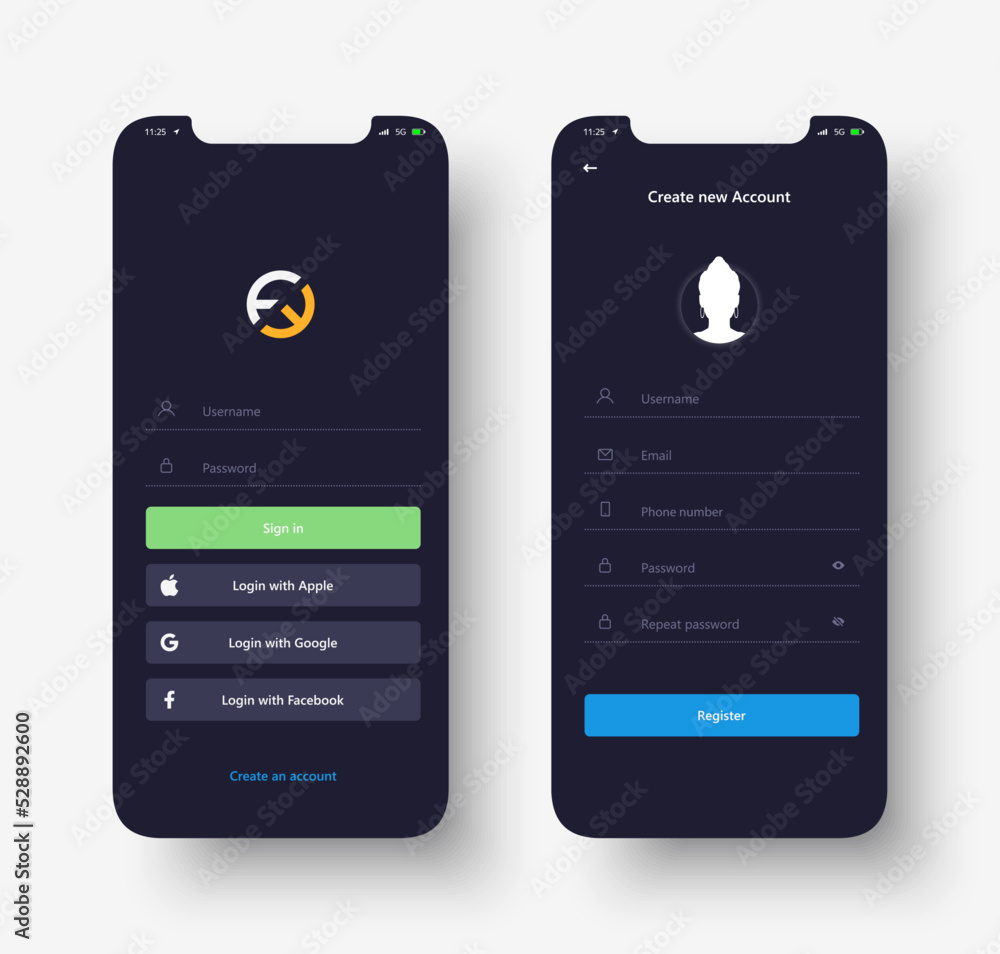Set of signup and sign In account forms for the smartphone. Black UI ...