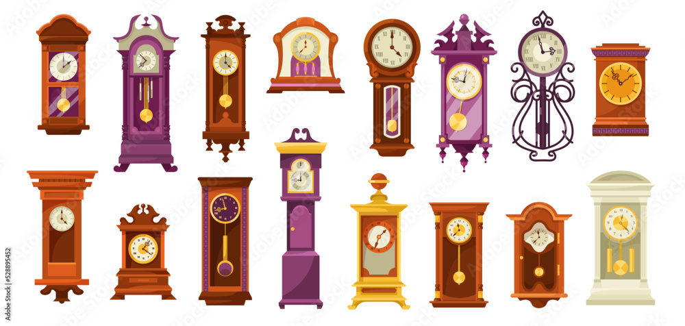 Different vintage clocks vector illustrations set. Collection of ...