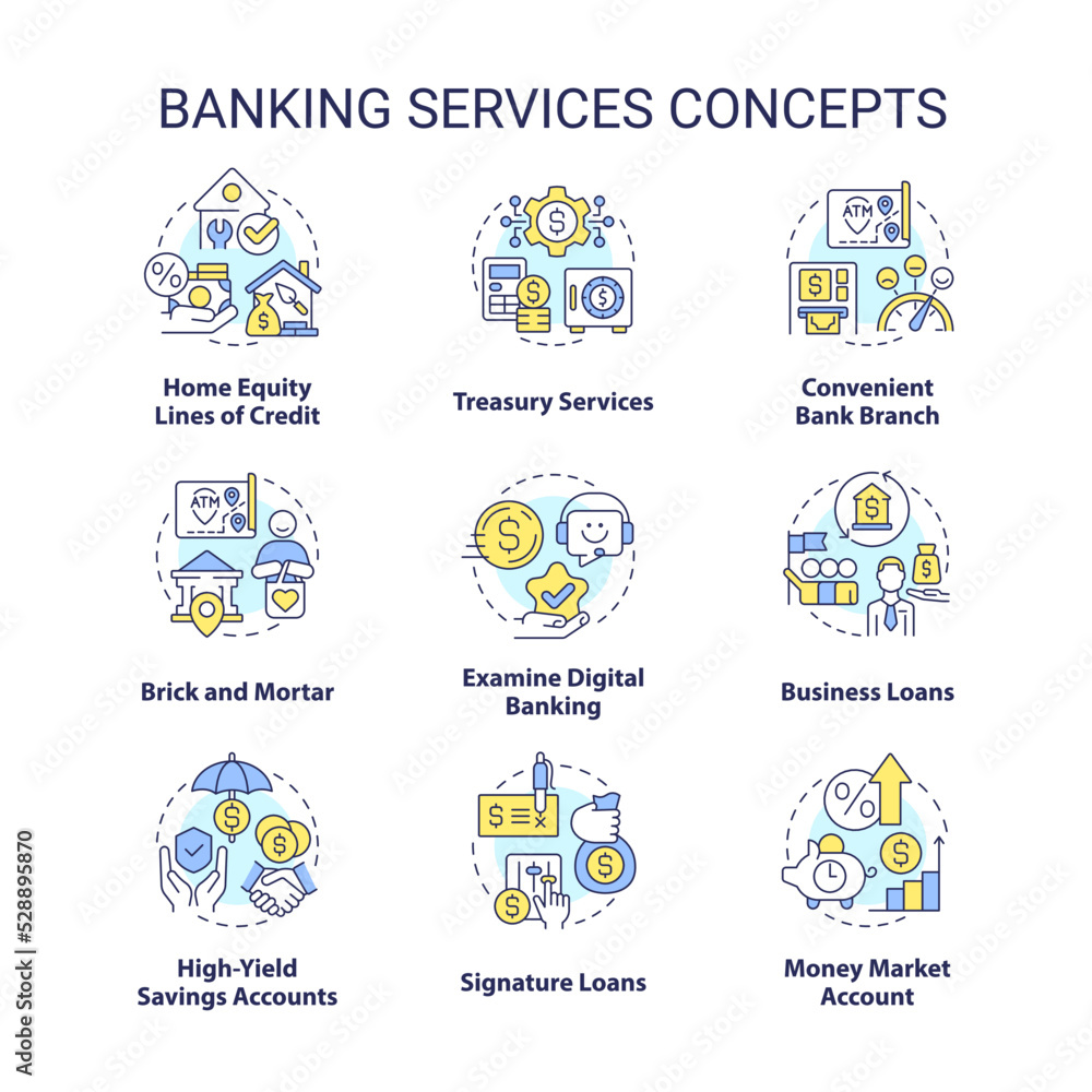 Banking services concept icons set. Financial operations system. Money ...