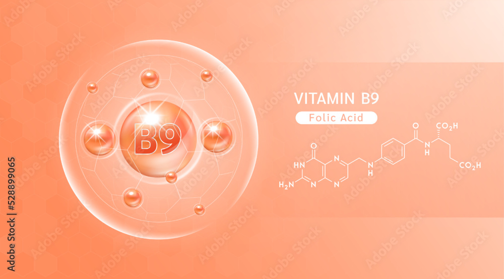 Vitamin B9 orange and structure. Vitamin solution complex with Chemical ...