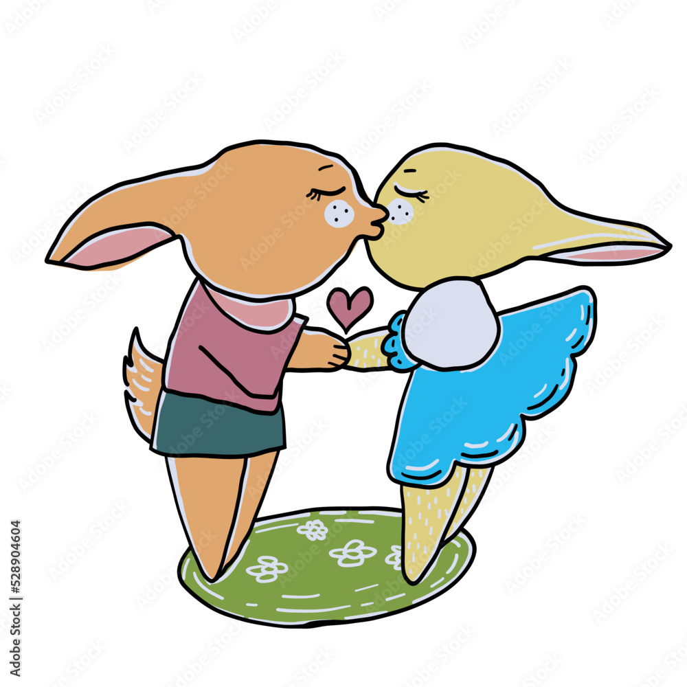 Cute little rabbits in love kiss. Vector hand drawn cartoon ...