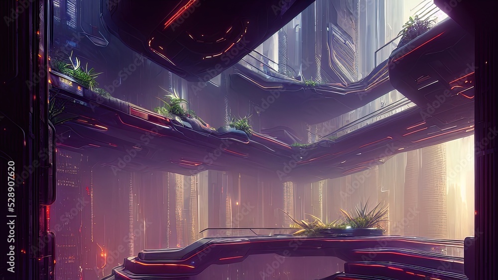 Futuristic dark modern room, neon light interior with botanical garden ...