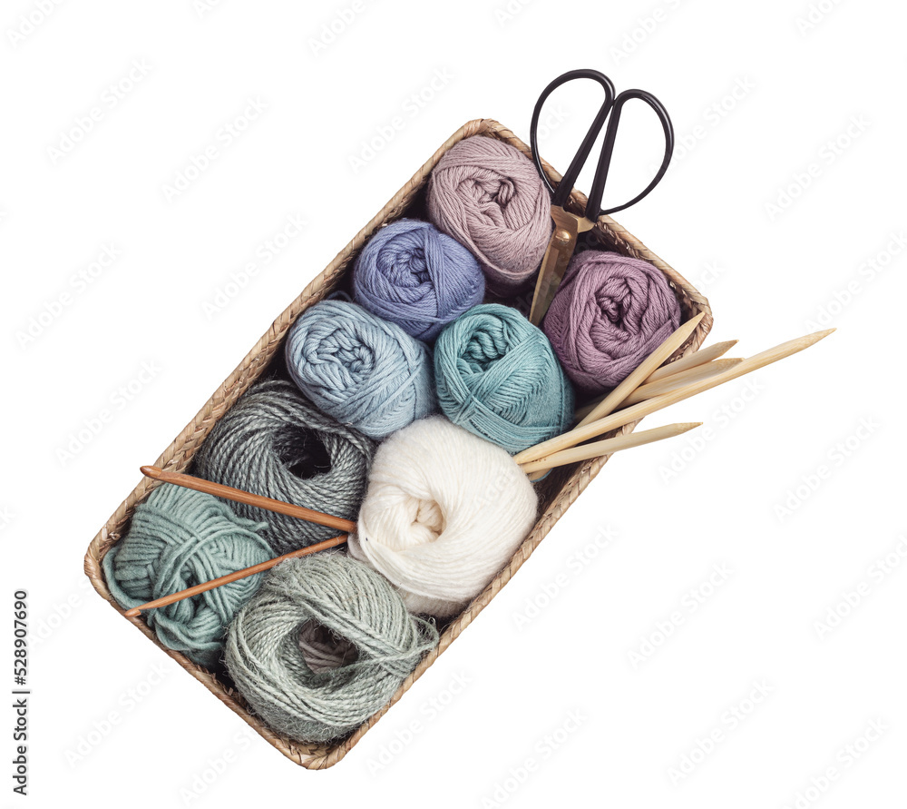 Craft hobby background with yarn in natural colors. Recomforting ...