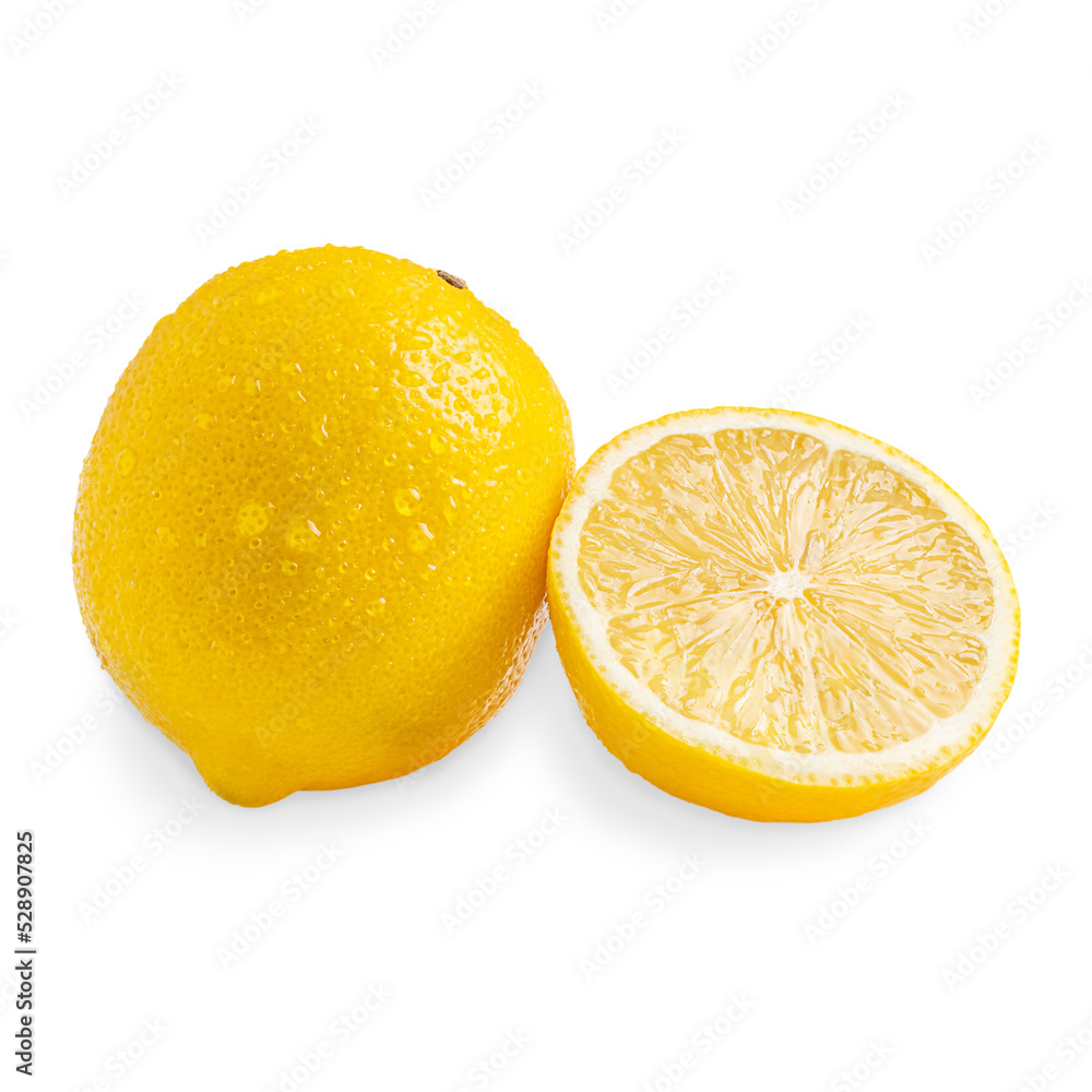 Whole and halved yellow juicy ripe lemon citrus fruit wet with water ...