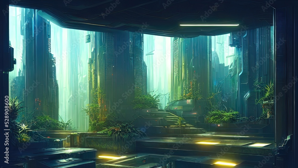 Futuristic dark modern room, neon light interior with botanical garden ...