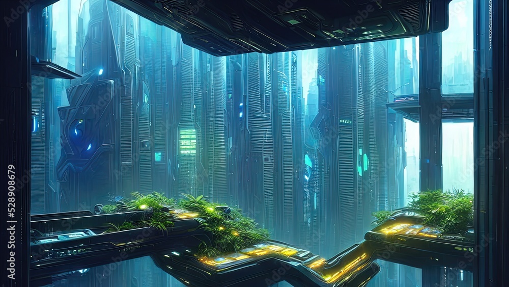 Futuristic dark modern room, neon light interior with botanical garden ...