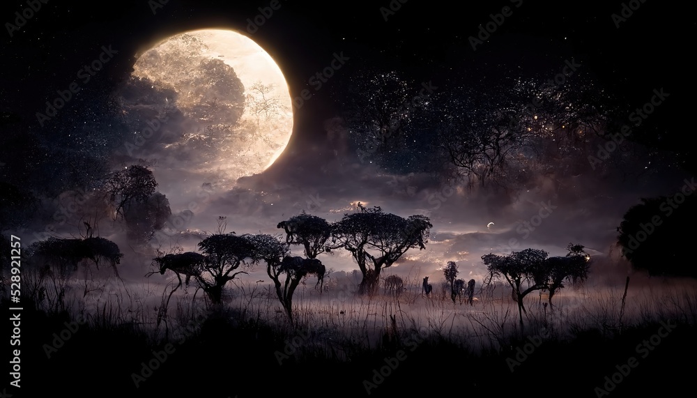 Night landscape in Africa, a field with trees under a dark starry sky ...