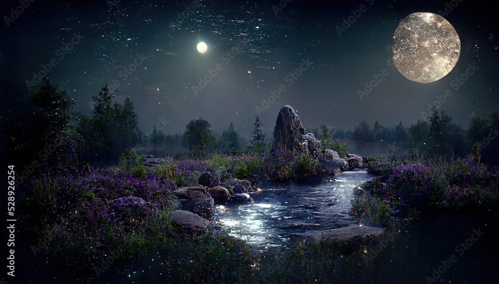 Nature at night, the full moon shines in the sky with stars over a ...