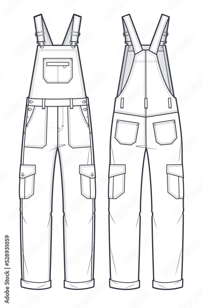 Unisex Dungaree, Jumpsuit fashion flat technical drawing template ...