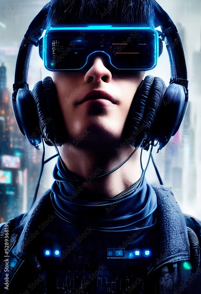 A realistic portrait of a man wearing a cyberpunk headset and cyberpunk ...