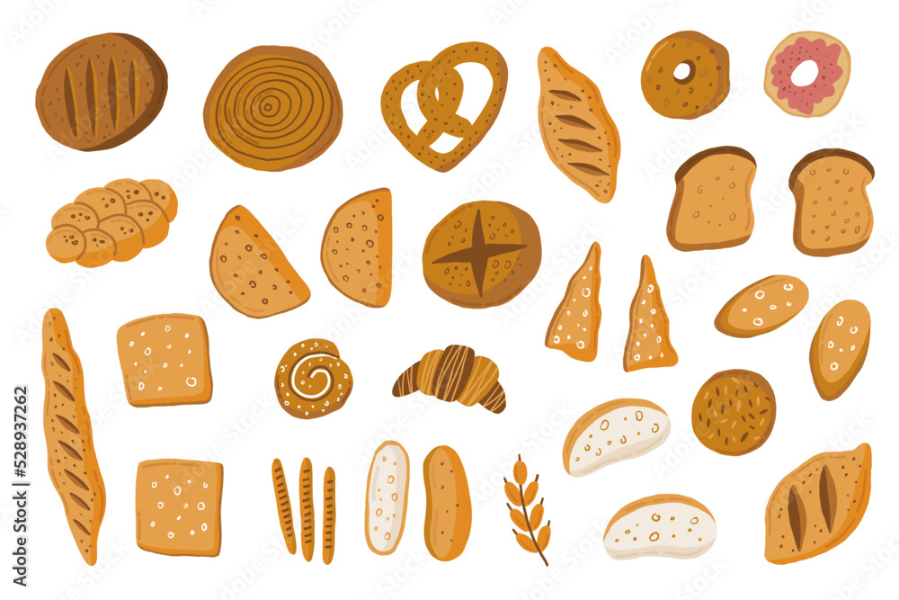 Cartoon vector bread icons set. Rye, whole grain and wheat bread, pretzel, muffin, pita ...