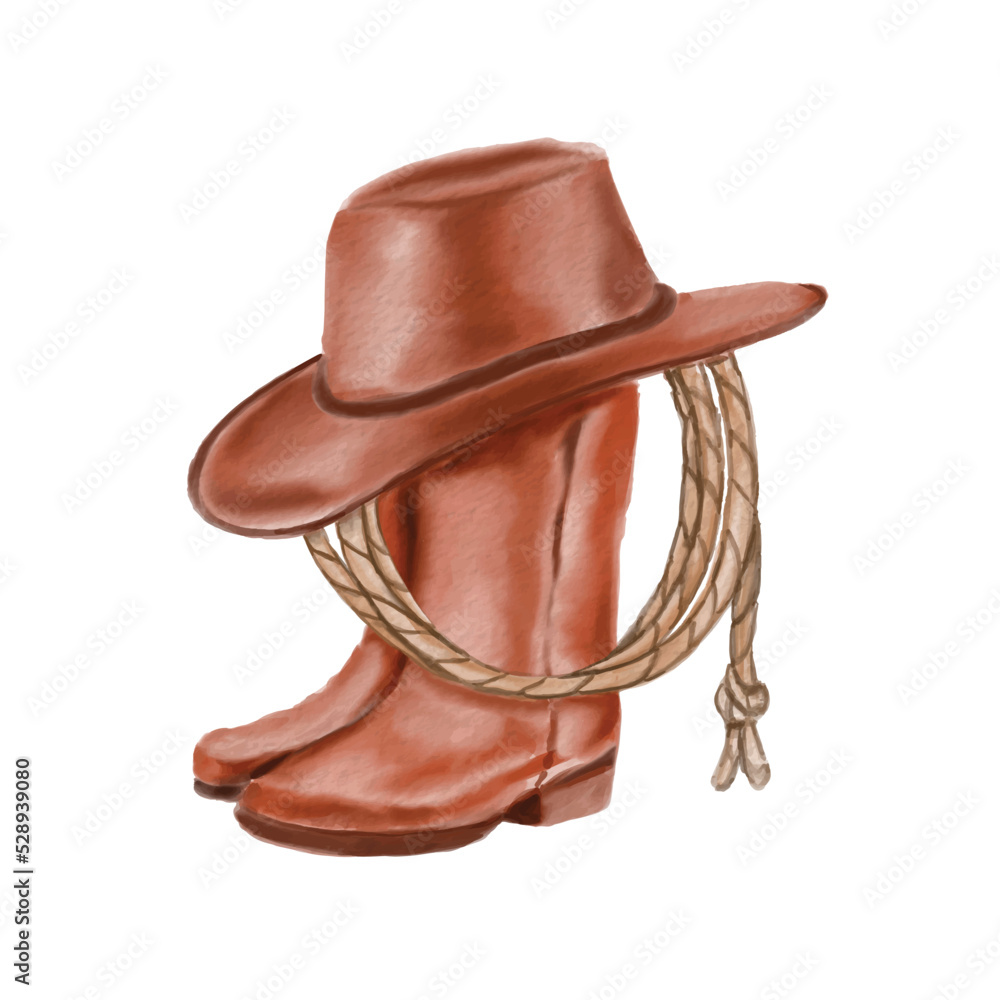 Hand drawn watercolor cowboy hat, rope and boot. Vector Stock Vector ...