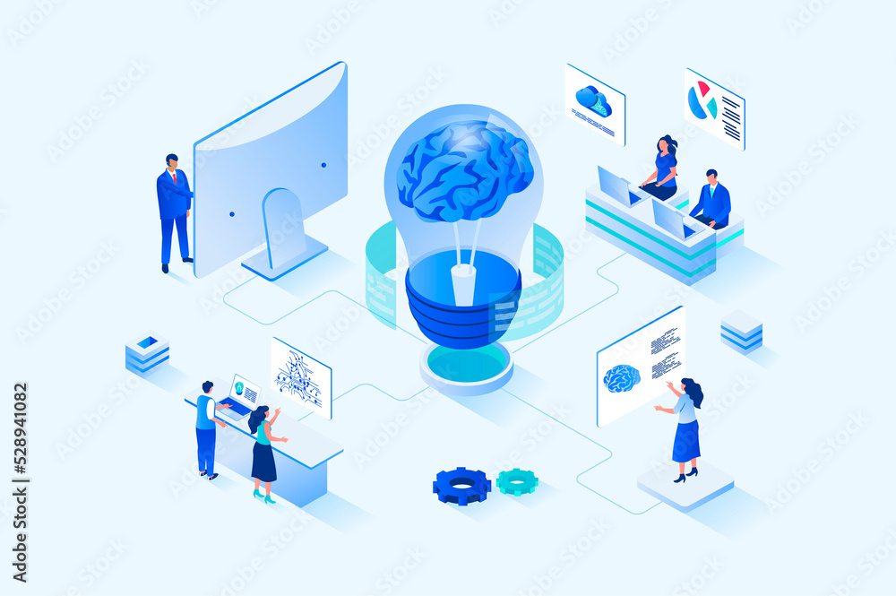 Brainstorming 3d isometric web design. People discuss and find solution ...