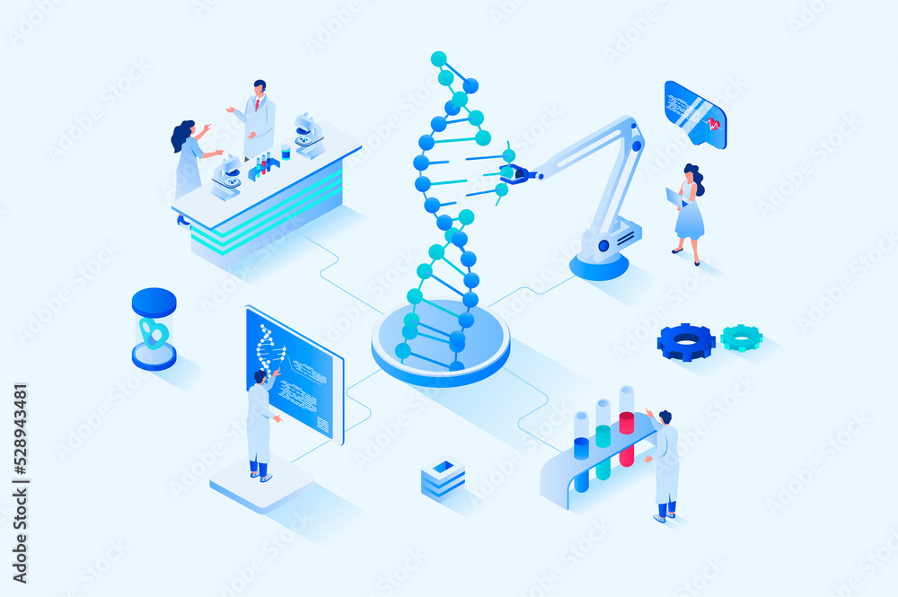 Medical laboratory 3d isometric web design. People scientists explore ...
