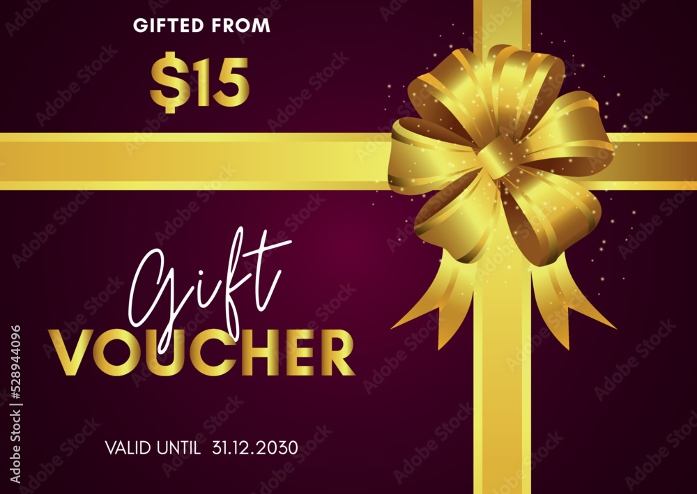 15 Dollar Gift voucher template design with golden bow on magenta background. Premium design for ...