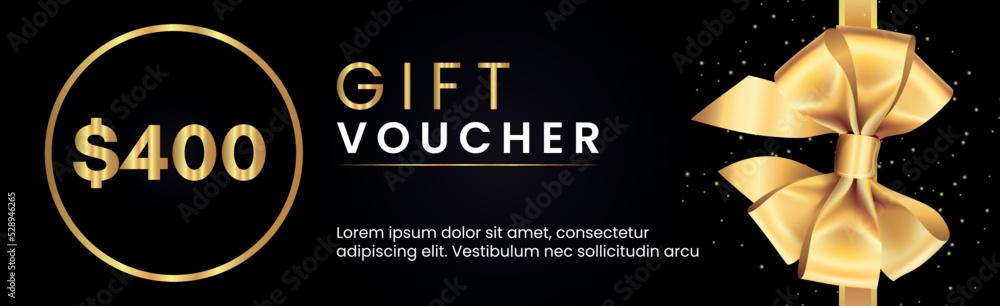 400 Dollar Gift voucher template design with gold bow and gold circle ...