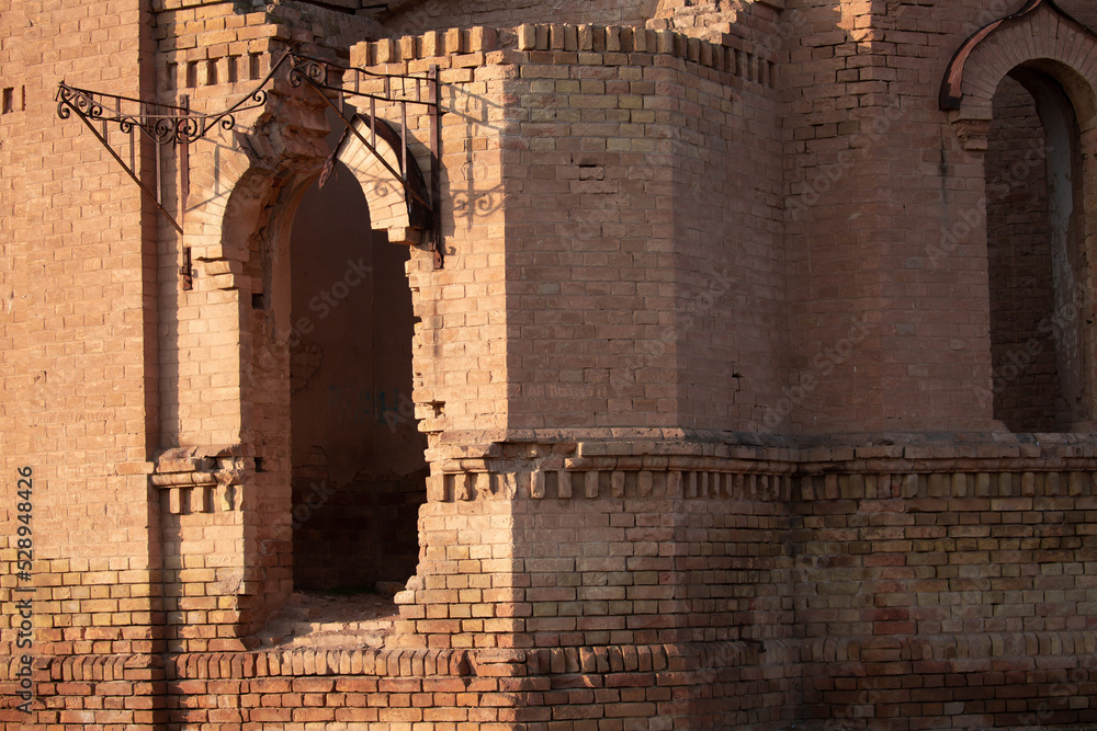 Old ruined church. Bent crosses and broken walls of the temple, ancient ...