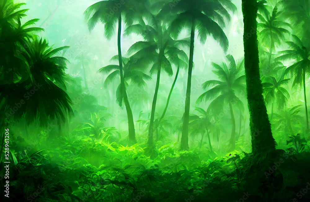 Lush green tropical rainforest. Exotic concept art for video games or ...