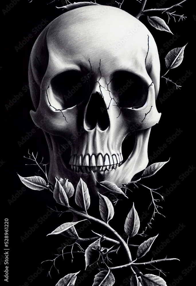 Black and white human skull with plants growing around it. Digital art ...