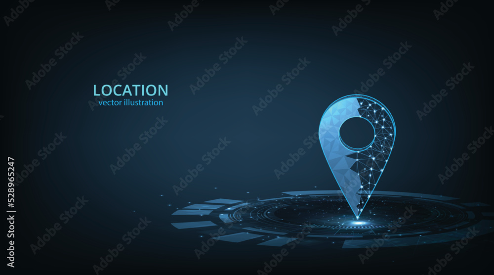 Concept of Gps technology background.Vector pin icon Gps on dark blue ...
