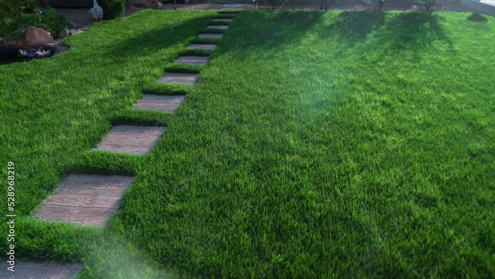 Straight line of new freshly installed green rolled lawn grass carpet ...