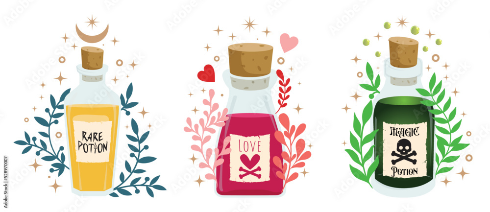 Colorful potions set, Rare Poison, Love Potion, and Magic potion ...