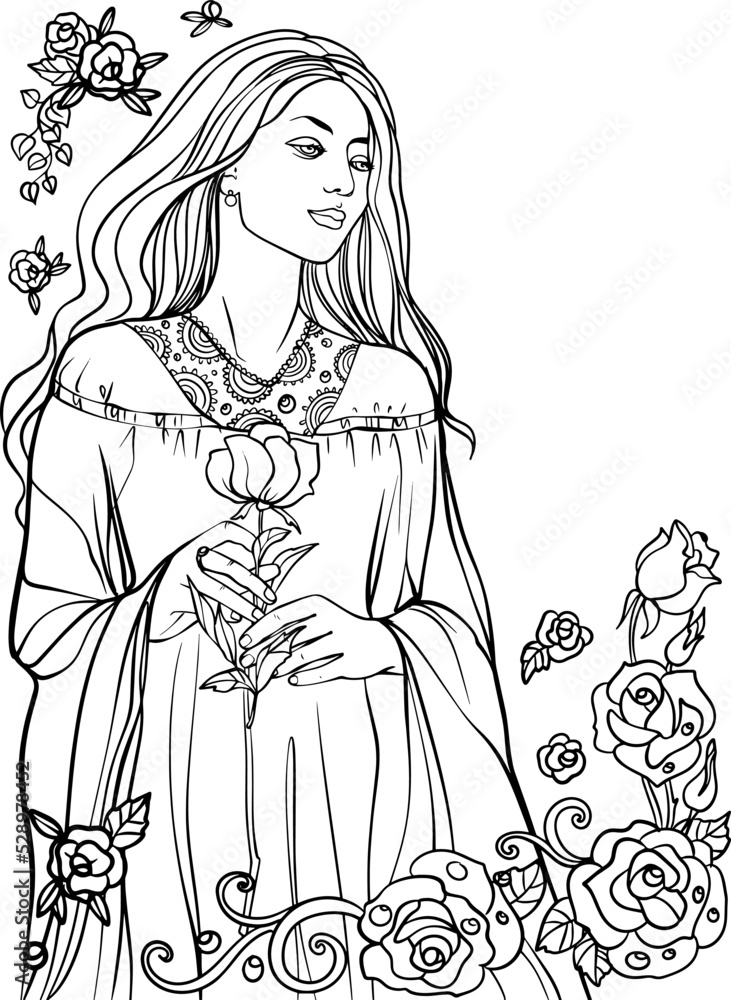 Girl with a rose in a flower frame. Hand drawn vector illustration ...