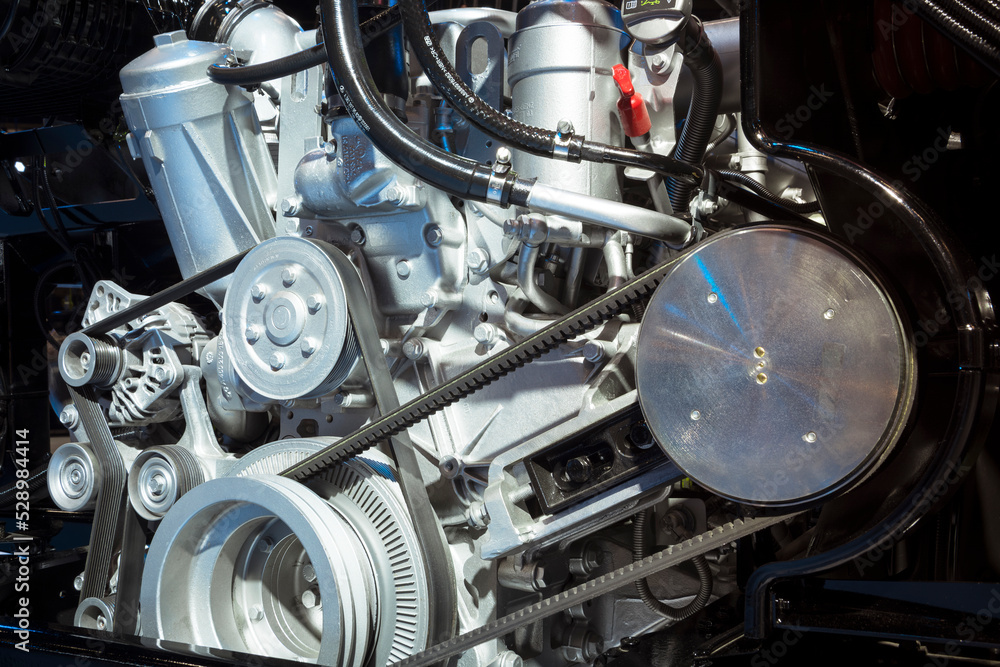 Mercedes-Benz bus motor, exposed chassis, engine and gears. Stock Photo ...