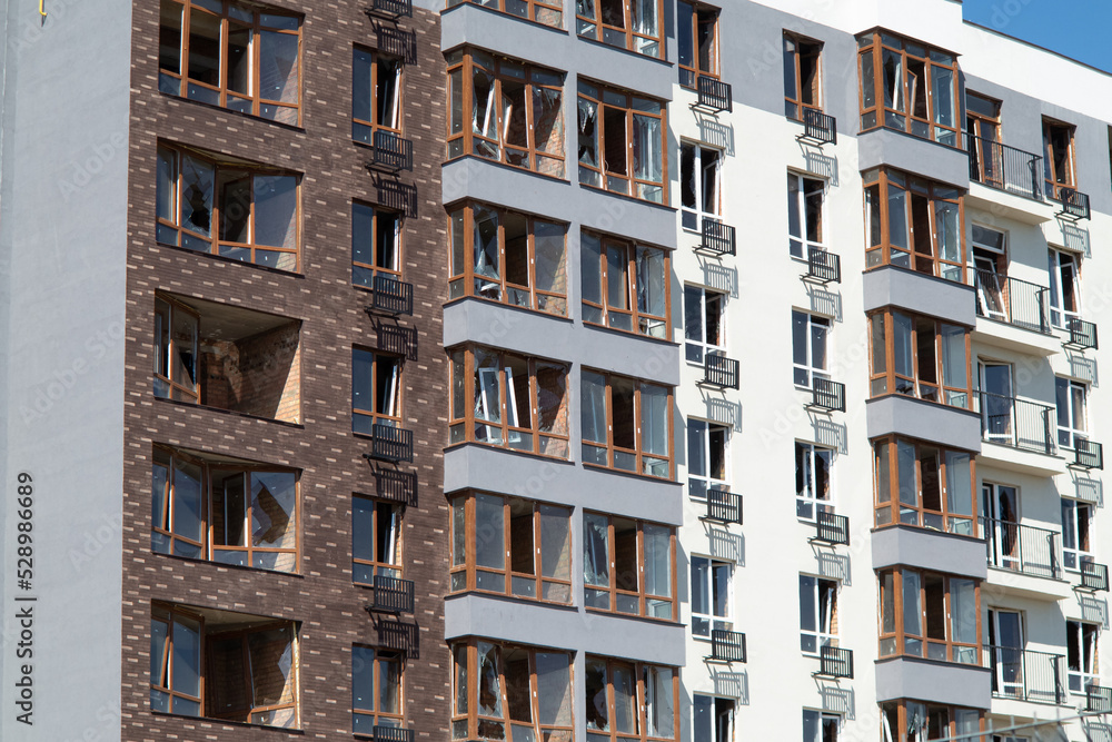 Broken windows of residential civilian building after Russian rocket ...