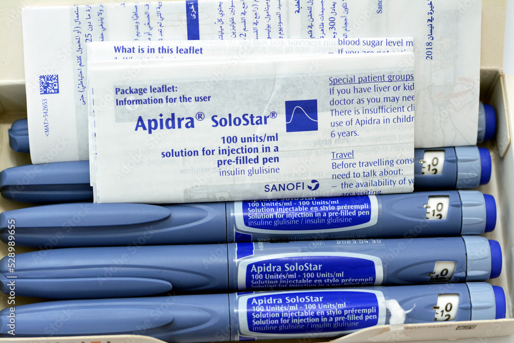 Cairo, Egypt, September 3 2022: Apidra Solostar solution pre-filled pen ...