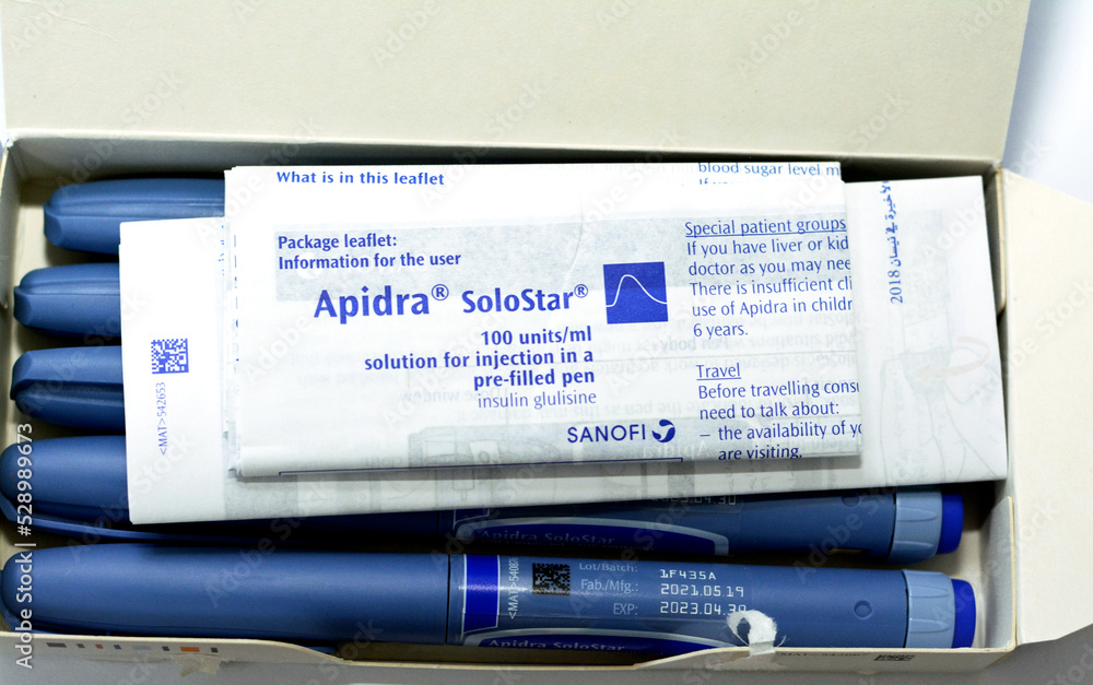 Cairo, Egypt, September 3 2022: Apidra Solostar solution pre-filled pen ...