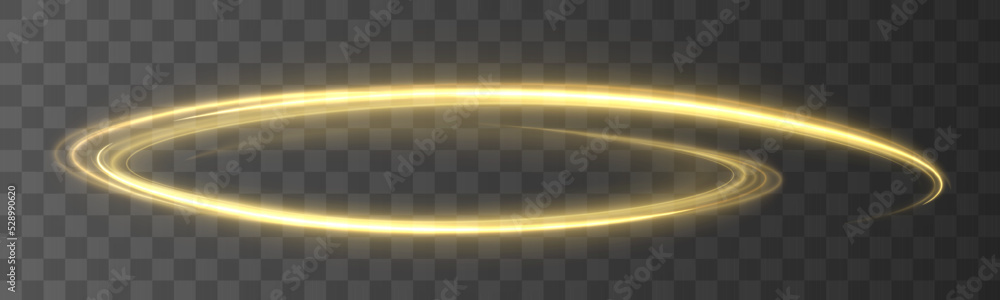 Golden glowing shiny spiral lines effect. Curved yellow line light ...