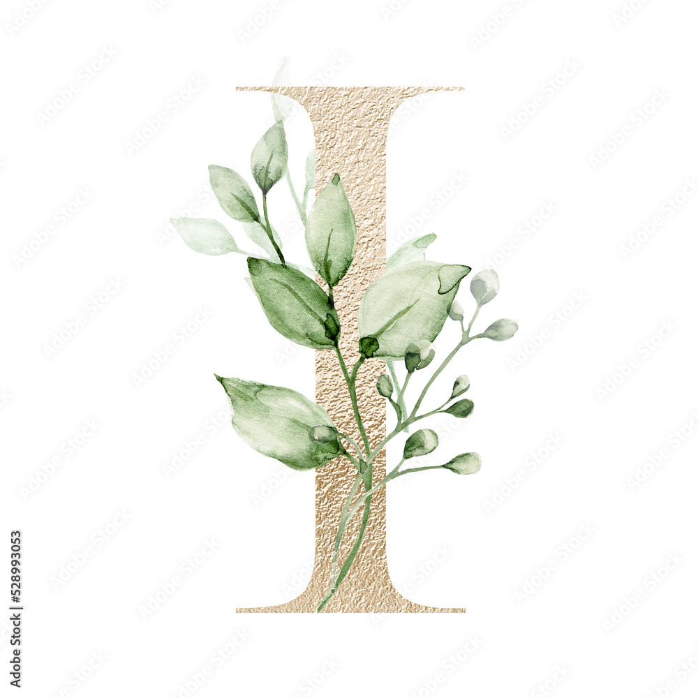 Floral alphabet, letter I with watercolor flowers and leaf. Monogram ...