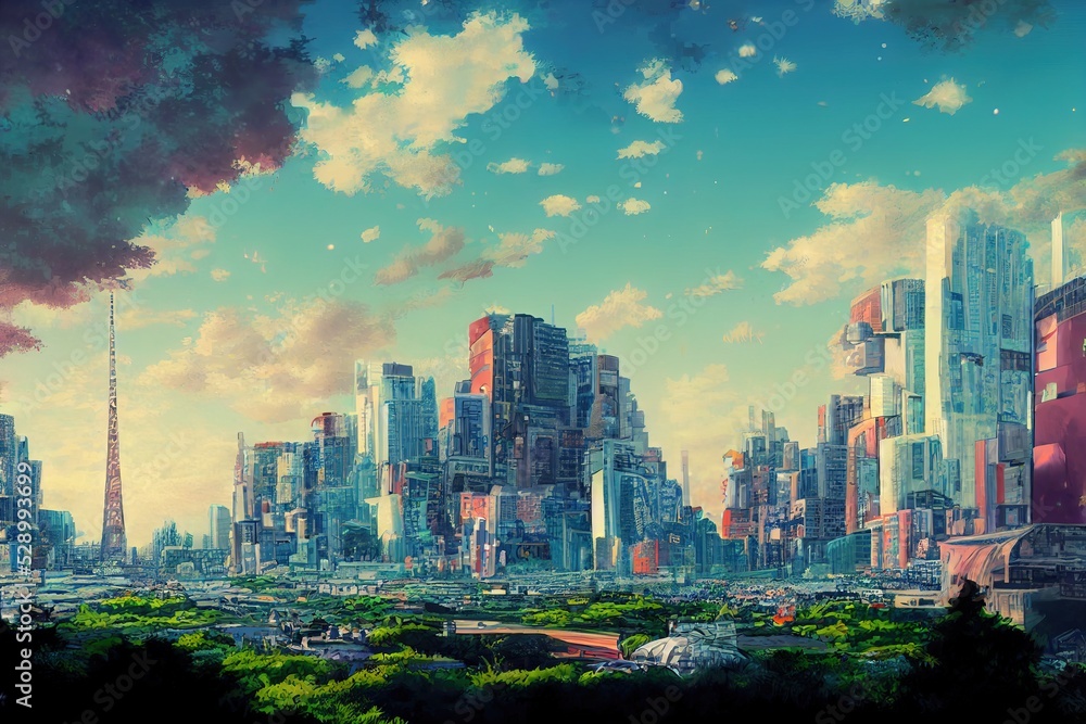 Landscape of a futuristic city in anime style illustration. Generative ...