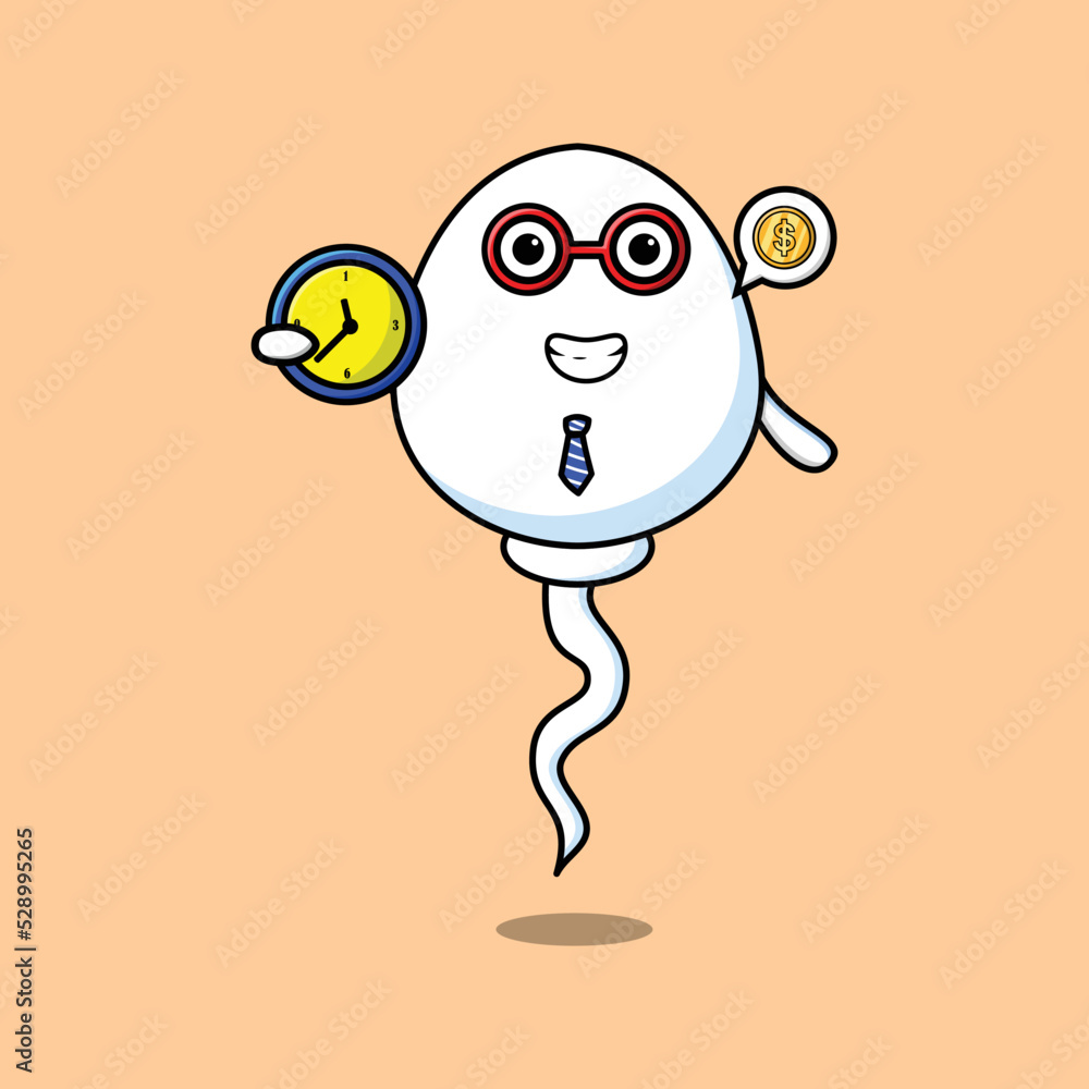 Cute cartoon sperm character holding clock with happy expression in ...