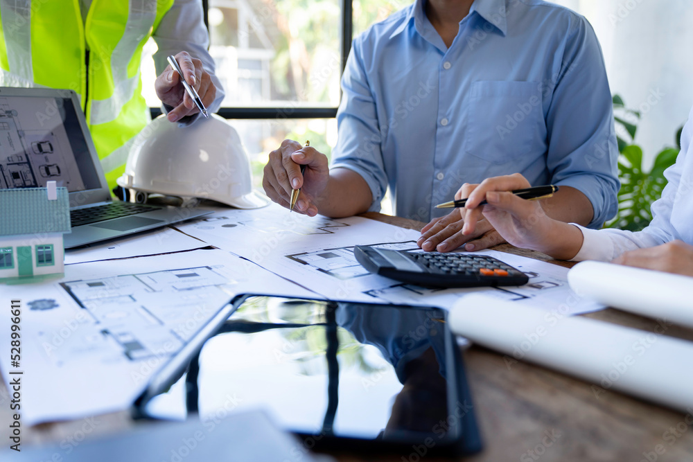 Architecture Engineer Teamwork Meeting, Drawing and working for ...