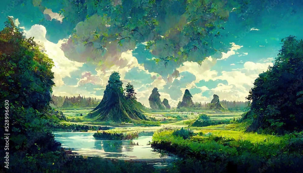 Natural landscape in anime style illustration. Generative AI Stock ...