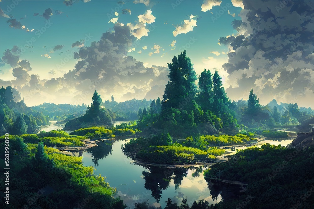 Natural landscape in anime style illustration Stock Illustration ...