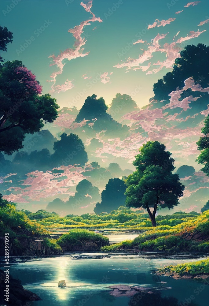 Natural landscape in anime style illustration Stock Illustration ...