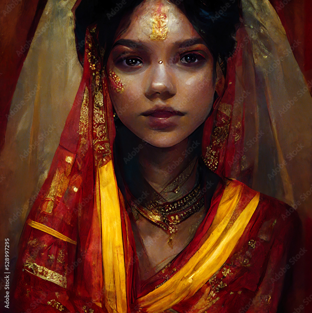 Artwork portrait of beautiful female indian bride in traditional dress ...