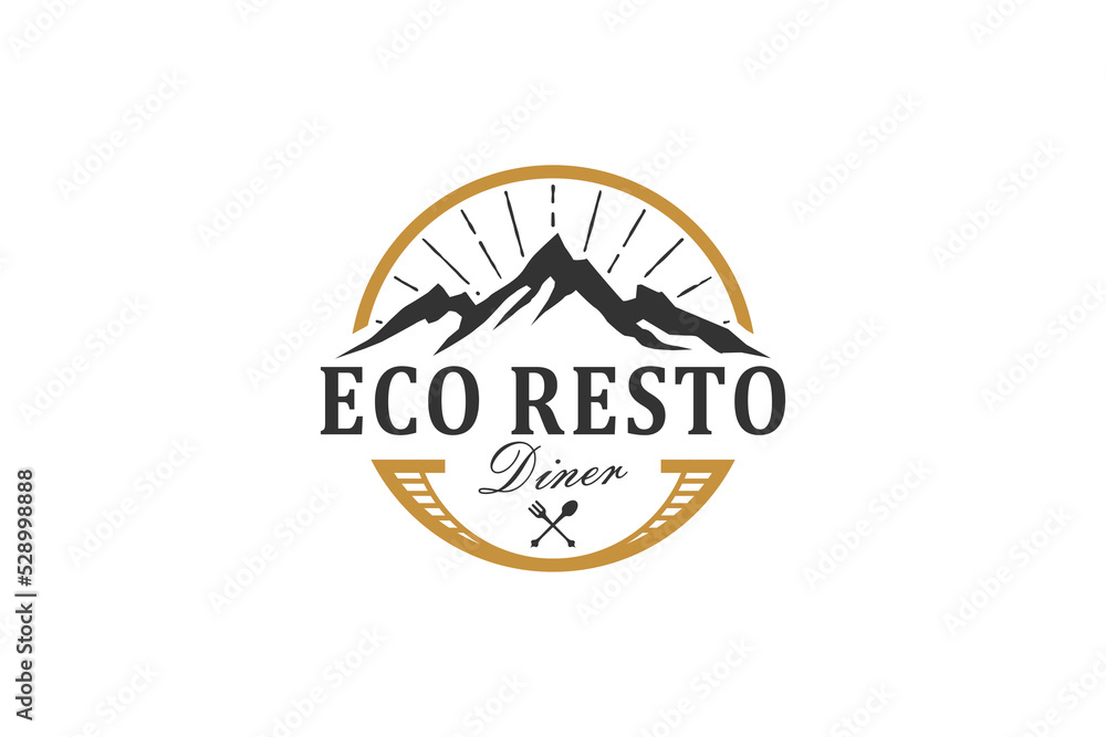 Mountain restaurant cafe logo design vintage style emblem rounded ...