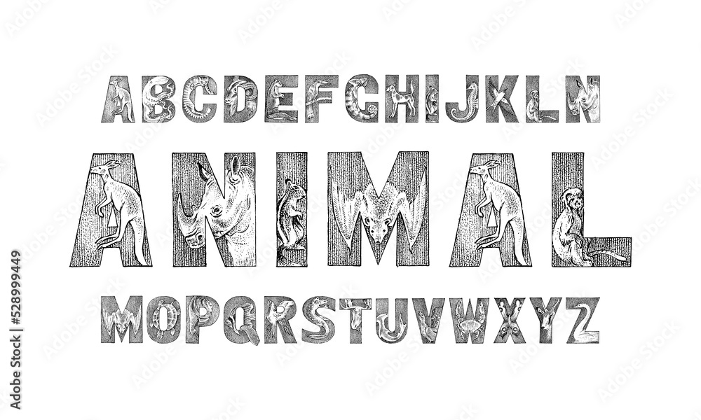 Cute Animals Font for kids. Decorative ancient alphabet. Vintage ...