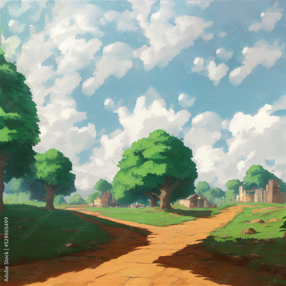 A landscape with trees and clouds in anime background style Stock ...