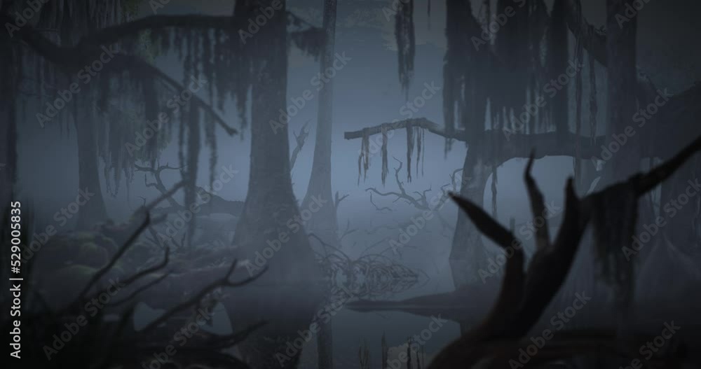 Animated landscape, moving slowly through a dark, foggy swamp, with ...