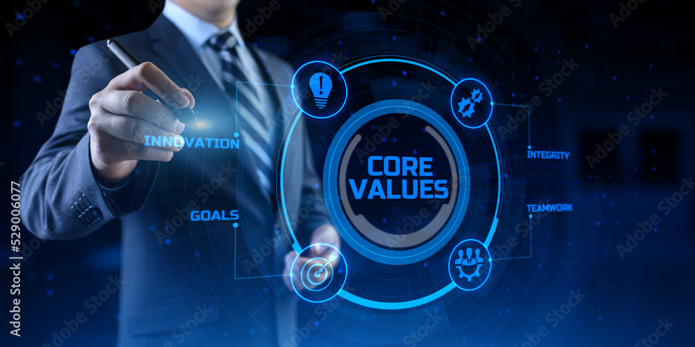 Core values Responsibility Innovation. Businessman pressing button on ...