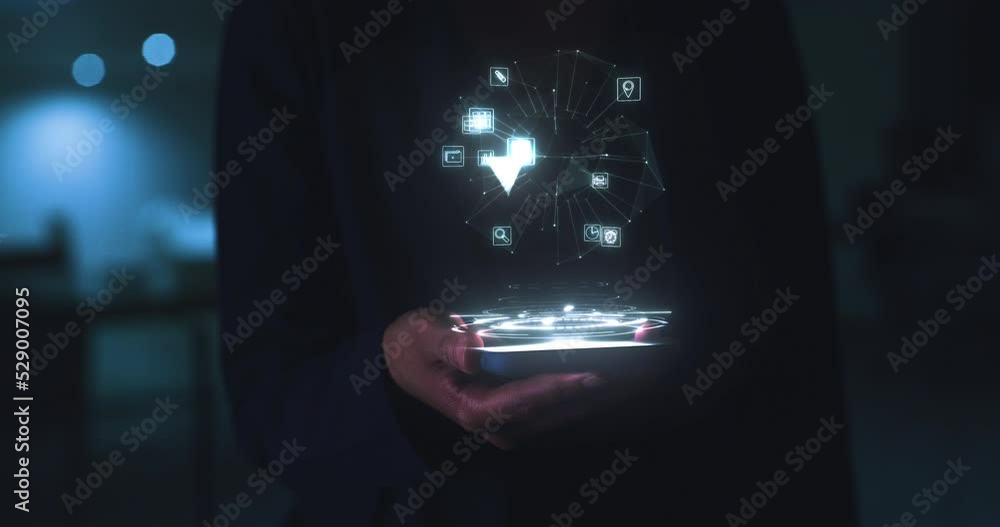 3d futuristic phone, hologram and digital globe with a person showing ...