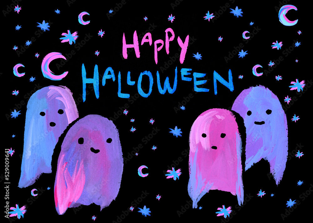 Cute Ghost Card Aesthetic Neon Pink Blue Purple Handmade painting black ...
