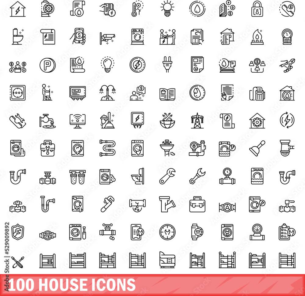100 house icons set. Outline illustration of 100 house icons vector set ...