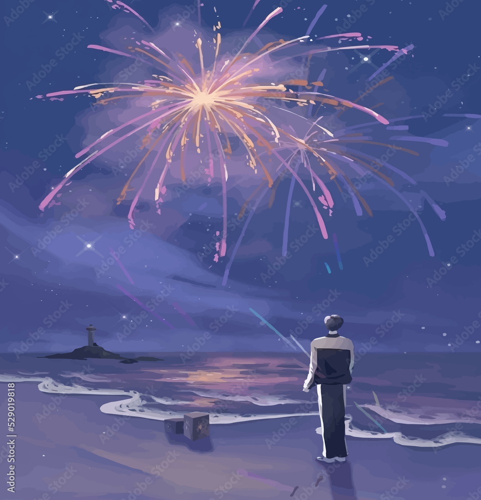 anime boy enjoying fireworks in the ocean digital art, painting, 3d ...