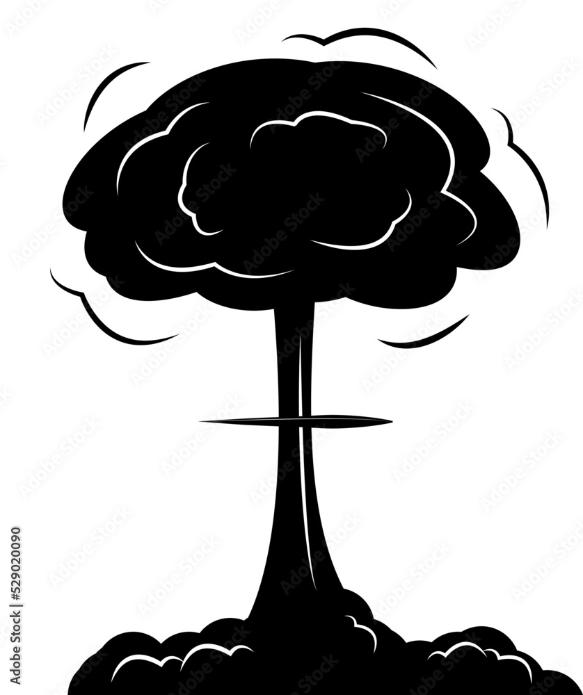 Vector image of an explosion of a nuclear (atomic) bomb, drawn in black ...
